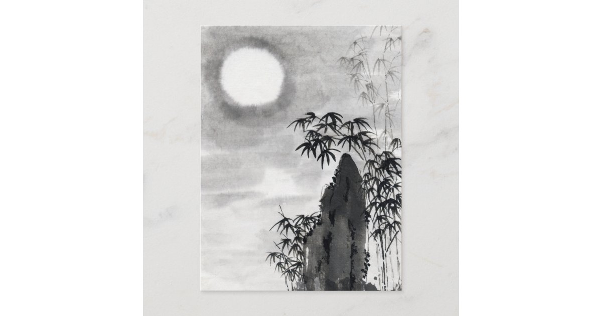 Classic vintage japanese night moon scenery sumi-e postcard | Zazzle