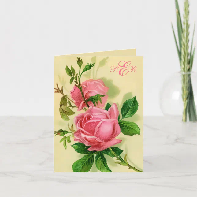 Classic Vintage Style Pink Roses Note Card | Zazzle