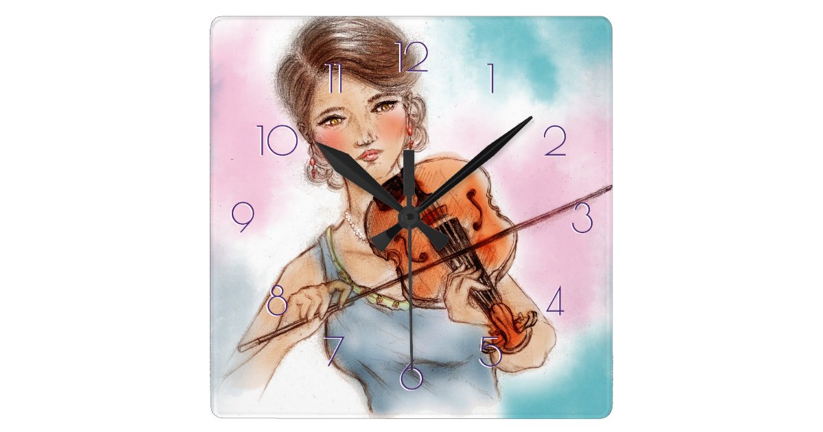 Classic Violin Lady Square Clock, Vintage Art Square Wall Clock | Zazzle