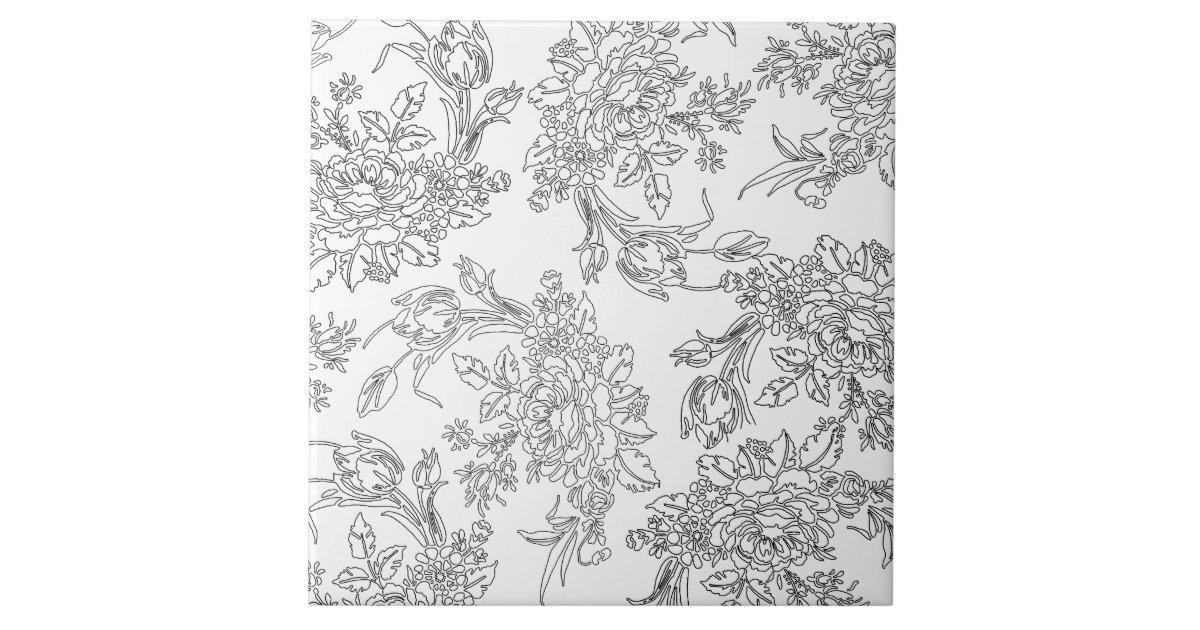 Classic White and Black Floral Toile Ceramic Tile | Zazzle