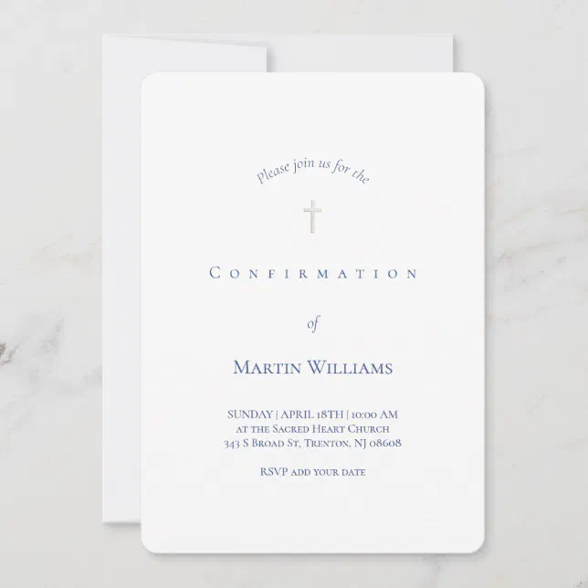 classic white and blue Confirmation Invitation | Zazzle