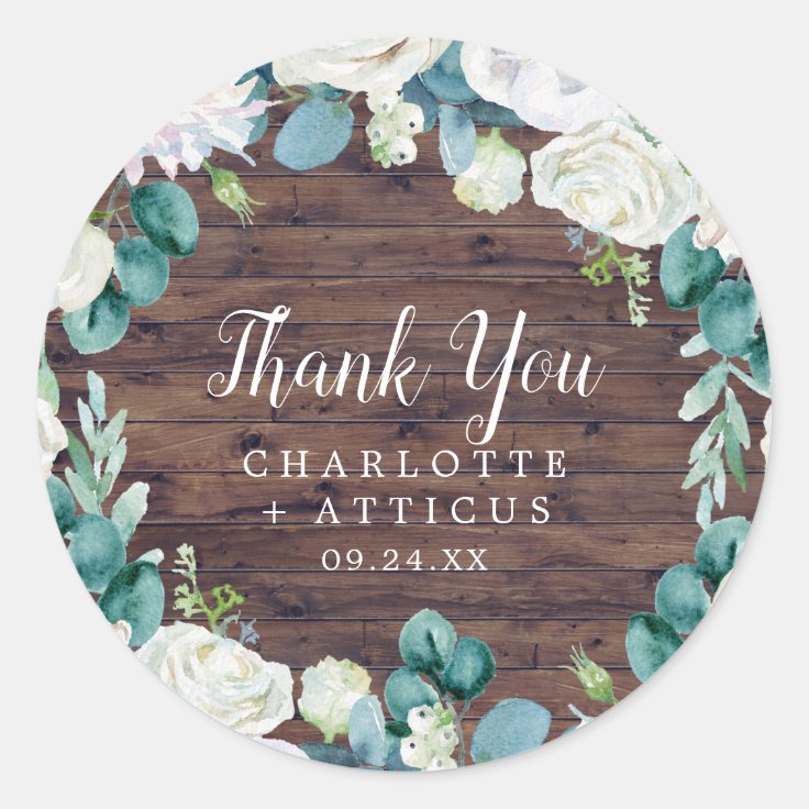 Classic White Flowers Rustic Thank You Favor Classic Round Sticker | Zazzle
