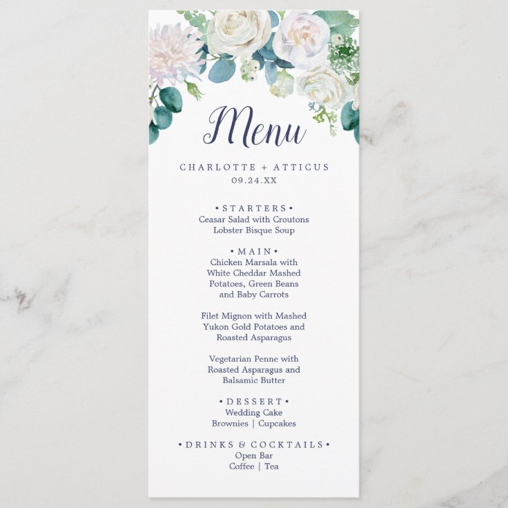 Classic White Flowers Wedding Dinner Menu | Zazzle