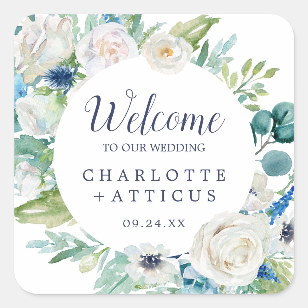 Classic White Flowers Wedding Welcome Square Sticker | Zazzle