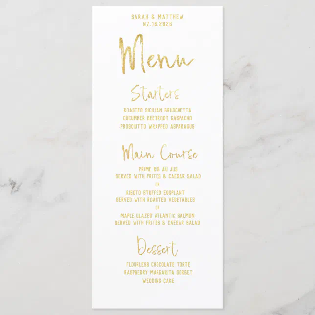 Classic White Gold Script Font Calligraphy Wedding Menu | Zazzle