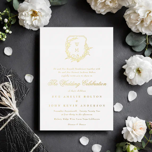 classic white monogrammed wedding gold crest foil invitation | Zazzle