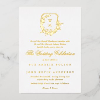 classic white monogrammed wedding gold crest foil invitation | Zazzle