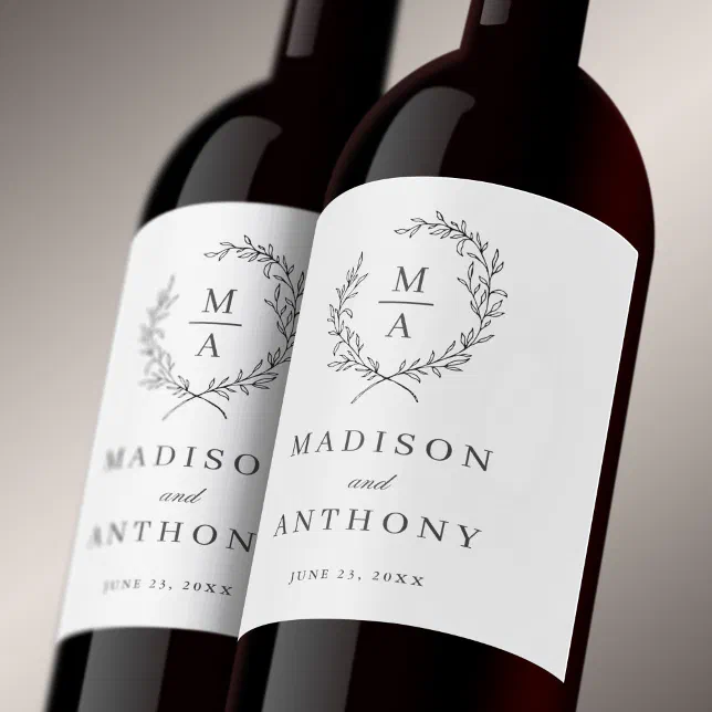 Classic White Simple Elegant Monogram Wedding Wine Label | Zazzle