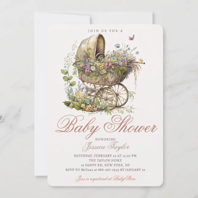 Classic Wicker Stroller Floral Girl Baby Shower Invitation | Zazzle
