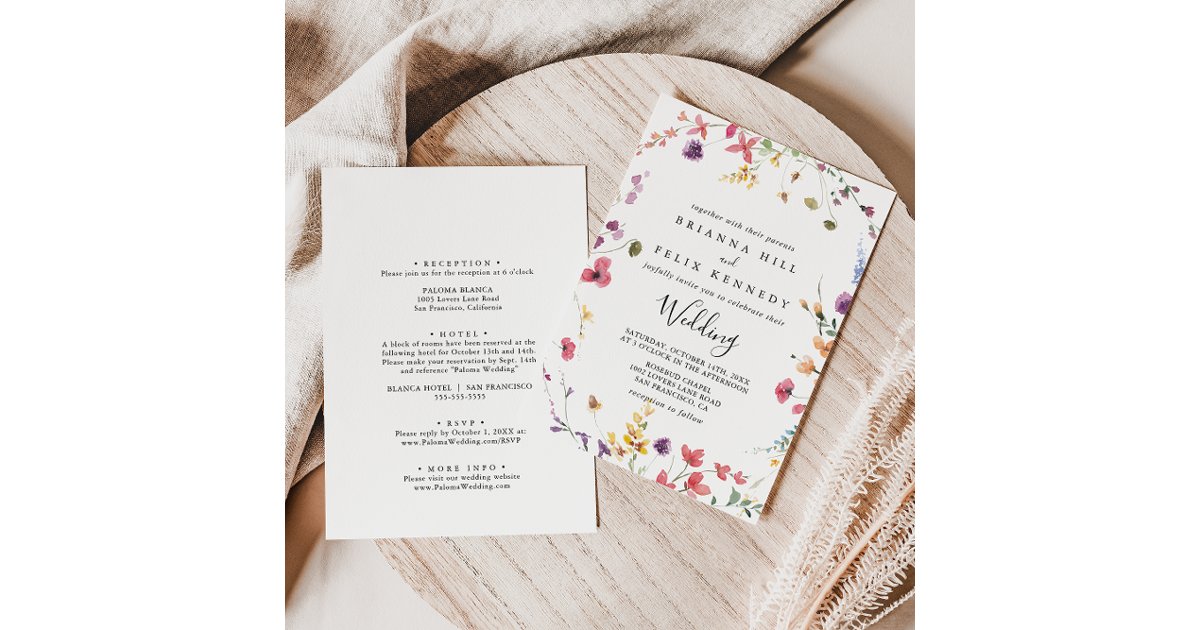 Classic Wild Colorful Floral Front & Back Wedding Invitation | Zazzle