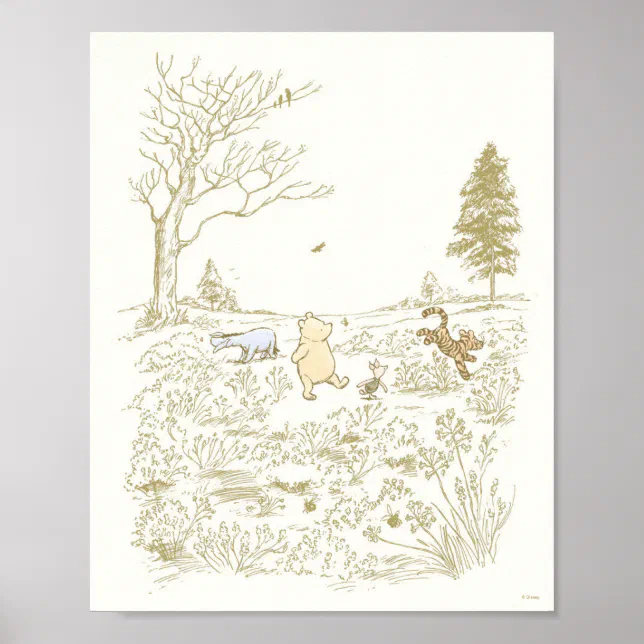 Classic Winnie the Pooh and Pals Line Art Nursery Poster | Zazzle