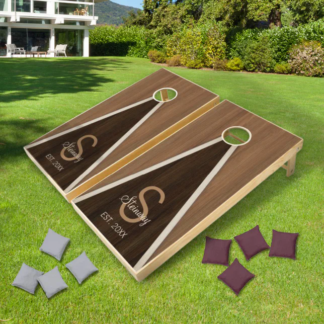 Classic Wood Hue Monogram Triangle Baywood Cornhole Set | Zazzle