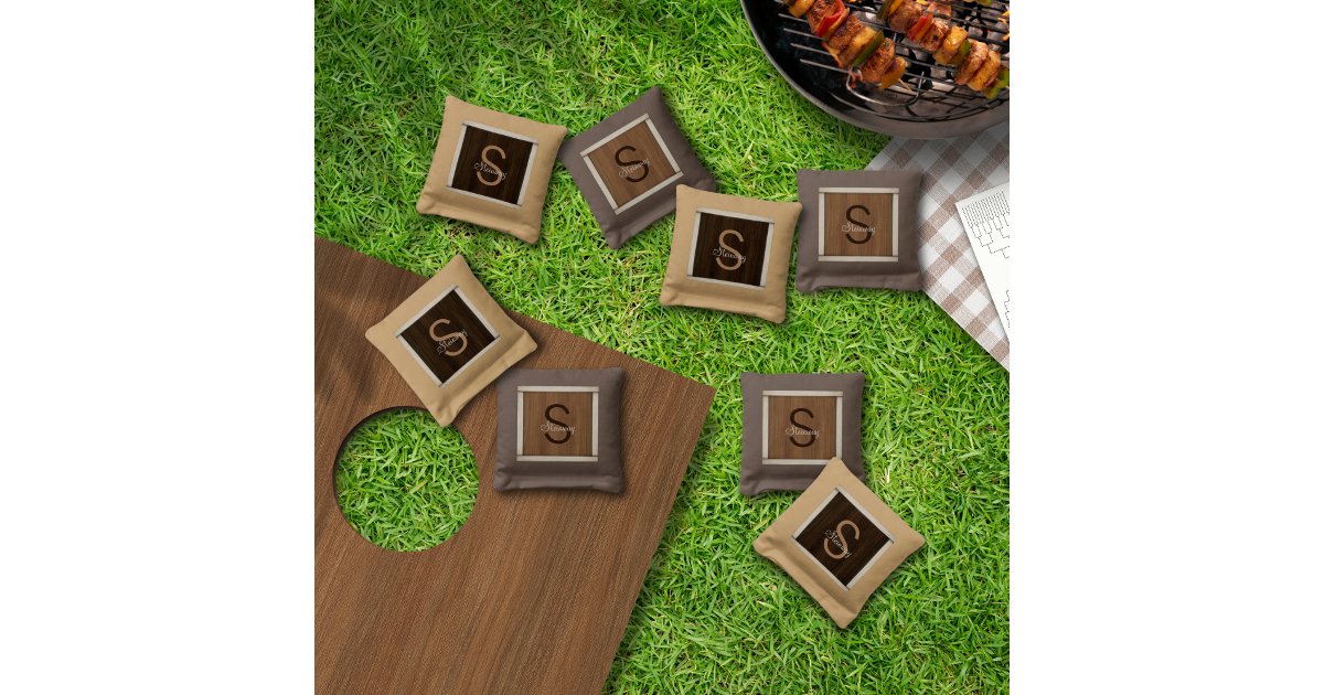 Classic Wood Hue Walnut Baywood Monogram Cornhole Bags | Zazzle