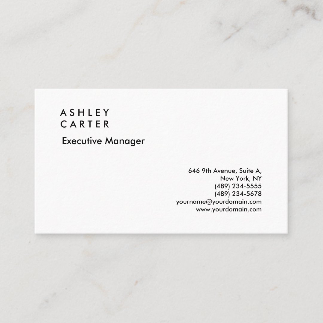 Classical elegant impressive white plain manager business card | Zazzle