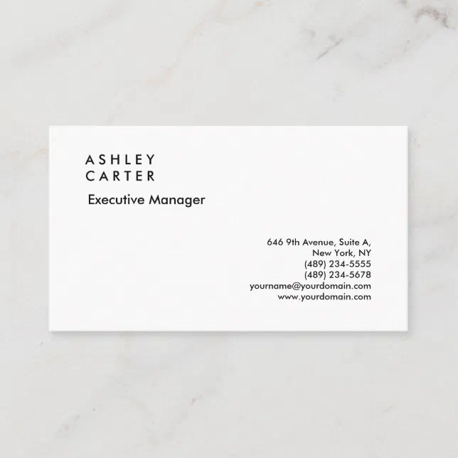 Classical elegant impressive white plain manager business card | Zazzle