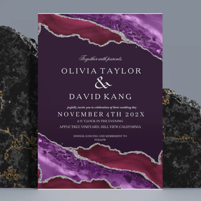 Classical Modern Burgundy & Purple Silver Wedding Invitation | Zazzle