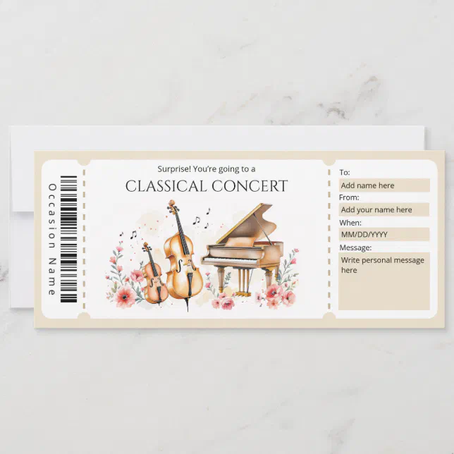 Classical Music Ticket Gift Certificate Invitation | Zazzle