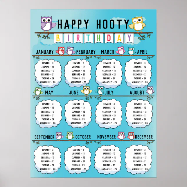 Classroom Birthday Board in Cute Owl Theme Poster | Zazzle