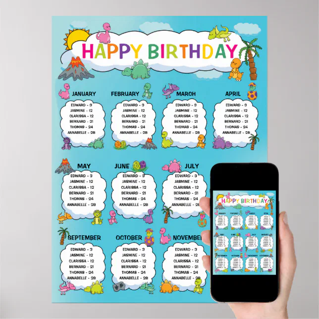 Classroom Birthday Board in Dinosaurs Poster | Zazzle