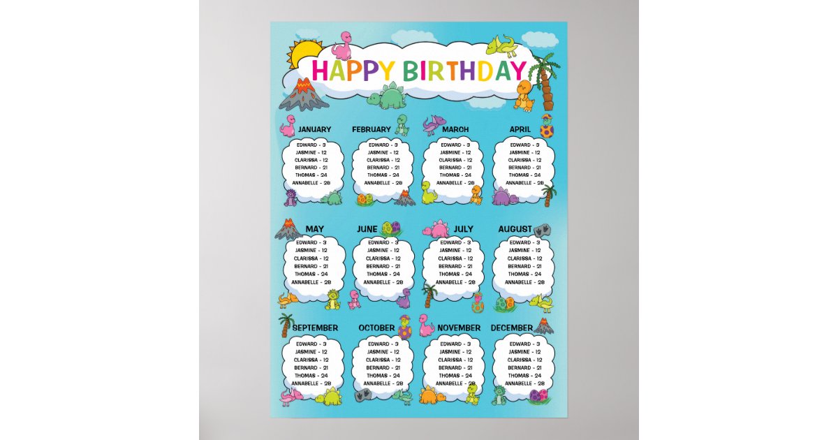 Classroom Birthday Board in Dinosaurs Poster | Zazzle