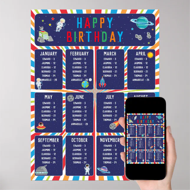 Classroom Birthday Board in Outer Space Theme Poster | Zazzle
