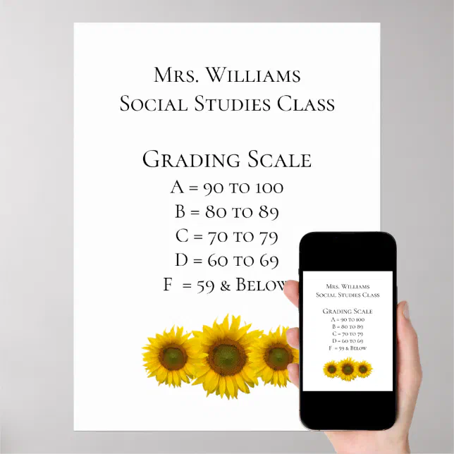 Classroom School Grading Scale Teacher Sunflowers Poster | Zazzle