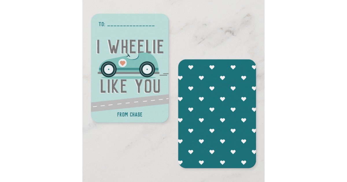 Classroom Valentine's Day Race Car Wheelie Card | Zazzle