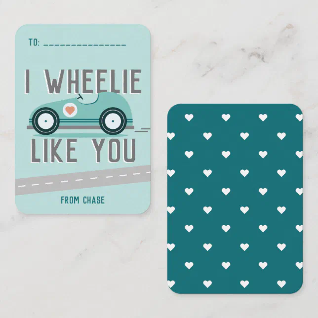 Classroom Valentine's Day Race Car Wheelie Card | Zazzle