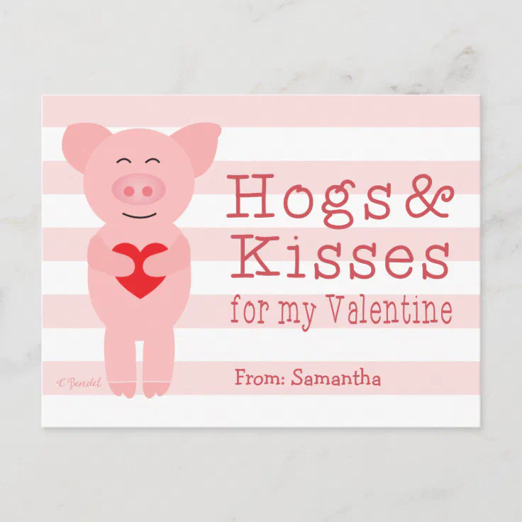 Classroom Valentines for Kids Pig Hog and Kisses Holiday Postcard | Zazzle