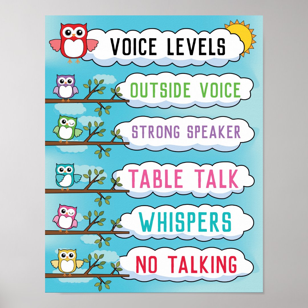 Classroom Voice Level Chart in Cute Owl Theme | Zazzle