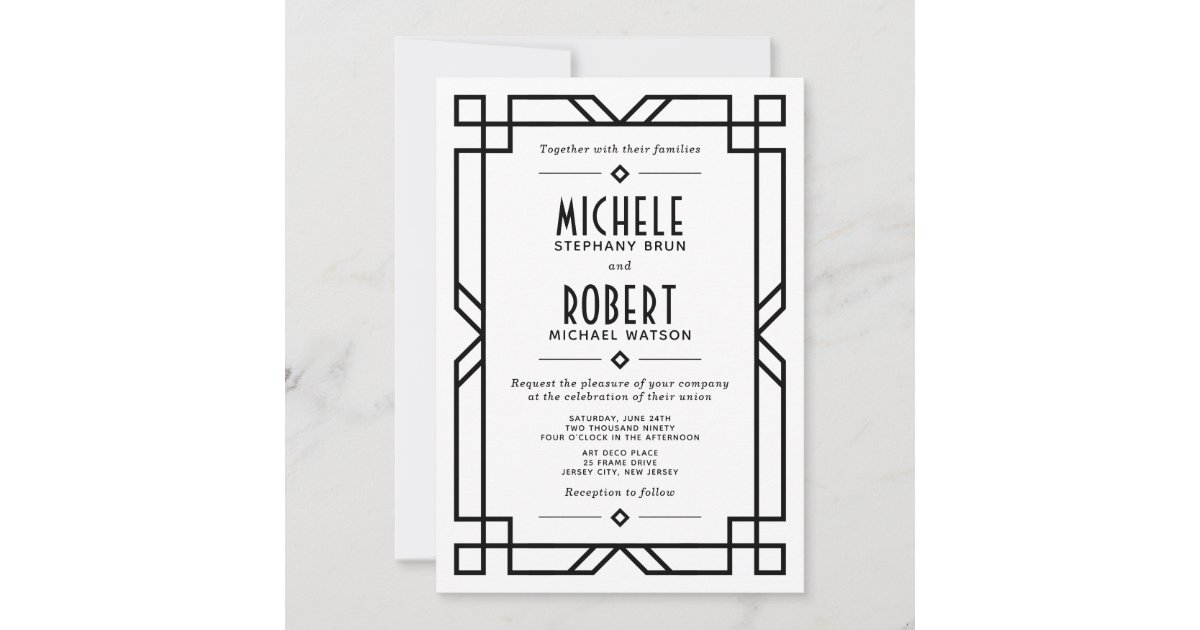 Classy Art Deco Modern Black Frame White Wedding Invitation | Zazzle
