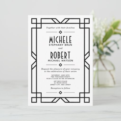 Classy Art Deco Modern Black Frame White Wedding Invitation | Zazzle