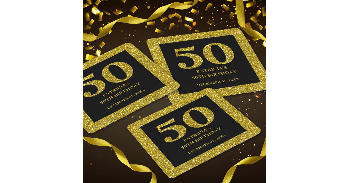 Classy Black And Gold Glitter 50th Birthday Party Square Paper Coaster ...