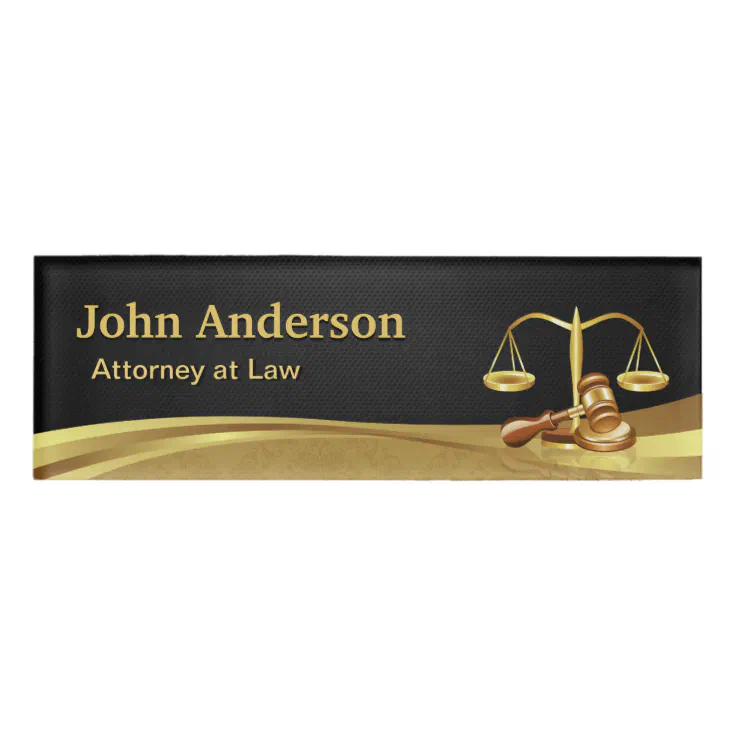 Classy Black Gold Attorney Lawyer Scale of Justice Name Tag | Zazzle