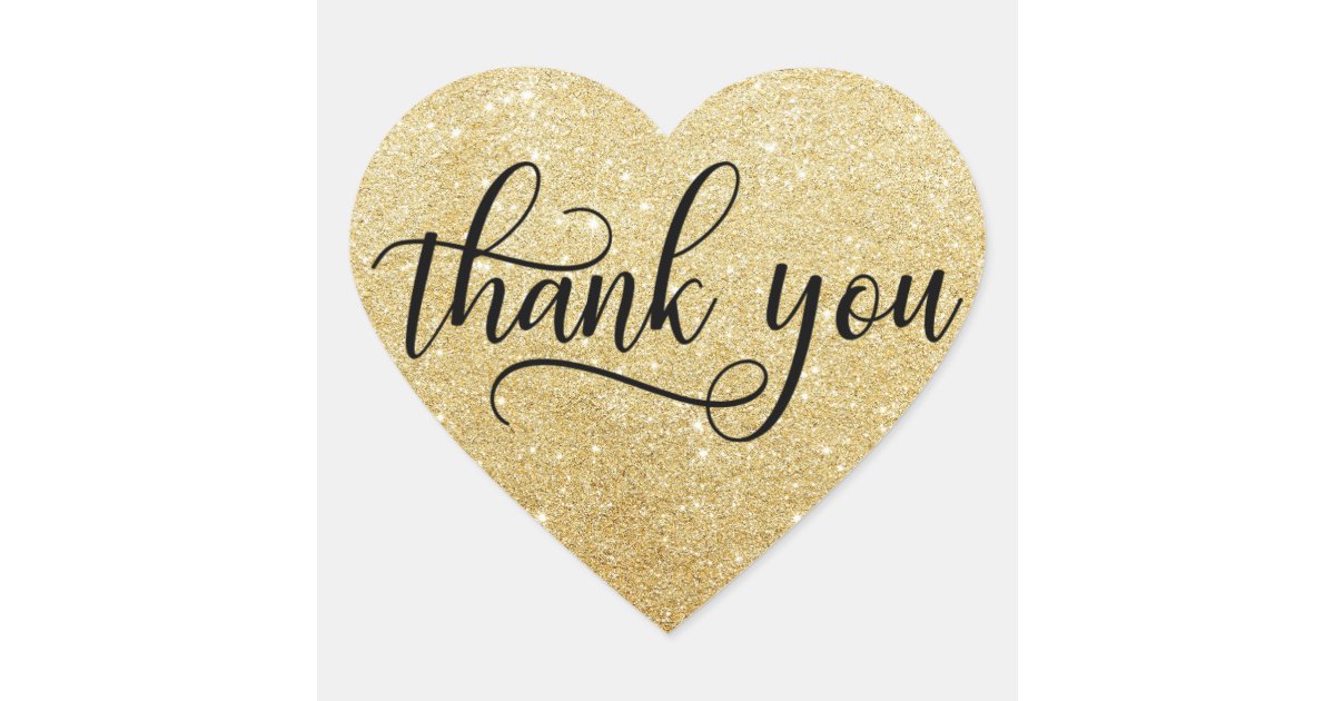 Classy Black Gold Faux Glitter Script Thank You Heart Sticker | Zazzle