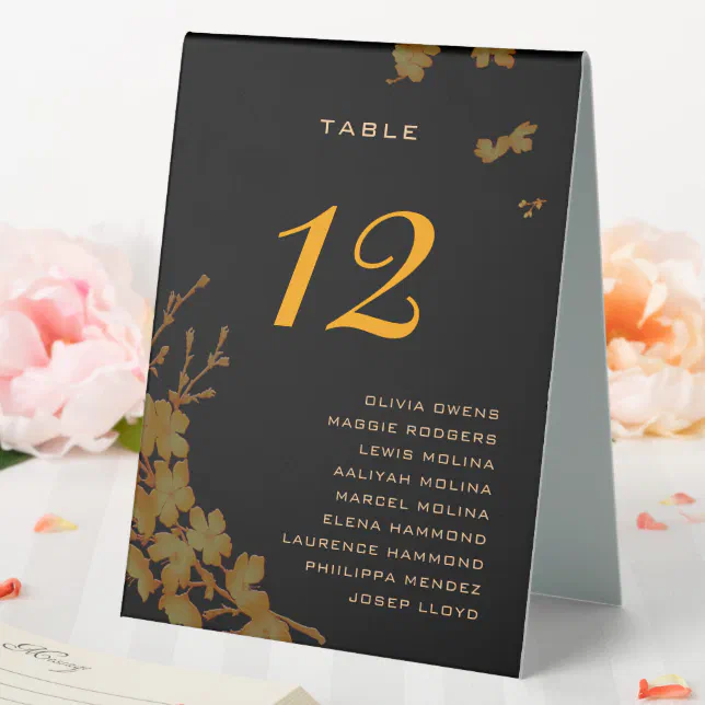 Classy Black Gold Floral Guest Names Table Number Table Tent | Zazzle
