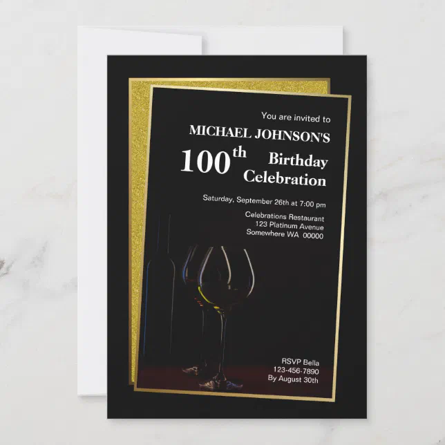 Classy Black Gold Glitter 100th Birthday Invitation | Zazzle