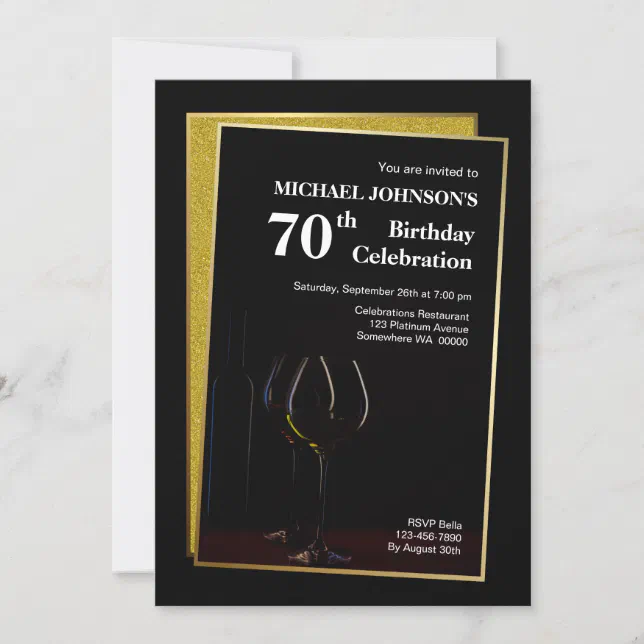 Classy Black Gold Glitter 70th Birthday Invitation | Zazzle