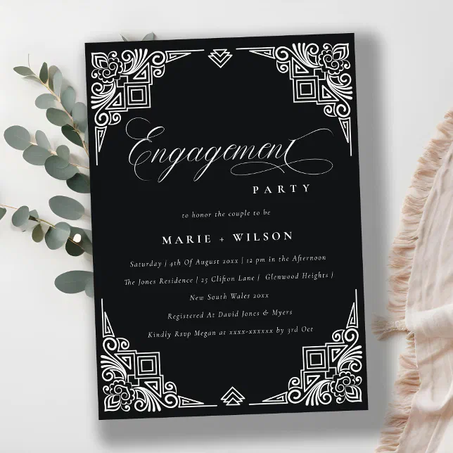 Classy Black White Art Deco Ornate Engagement Invitation | Zazzle