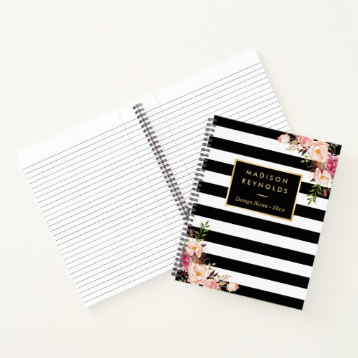 Classy Black White Stripes Floral Personal Notes Notebook | Zazzle