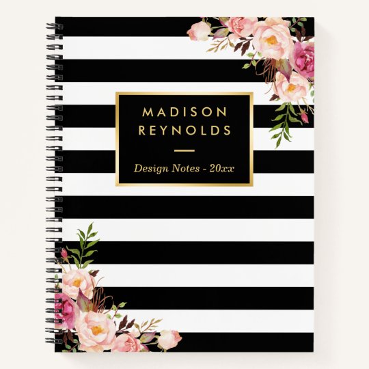 Classy Black White Stripes Floral Personal Notes Notebook | Zazzle.com