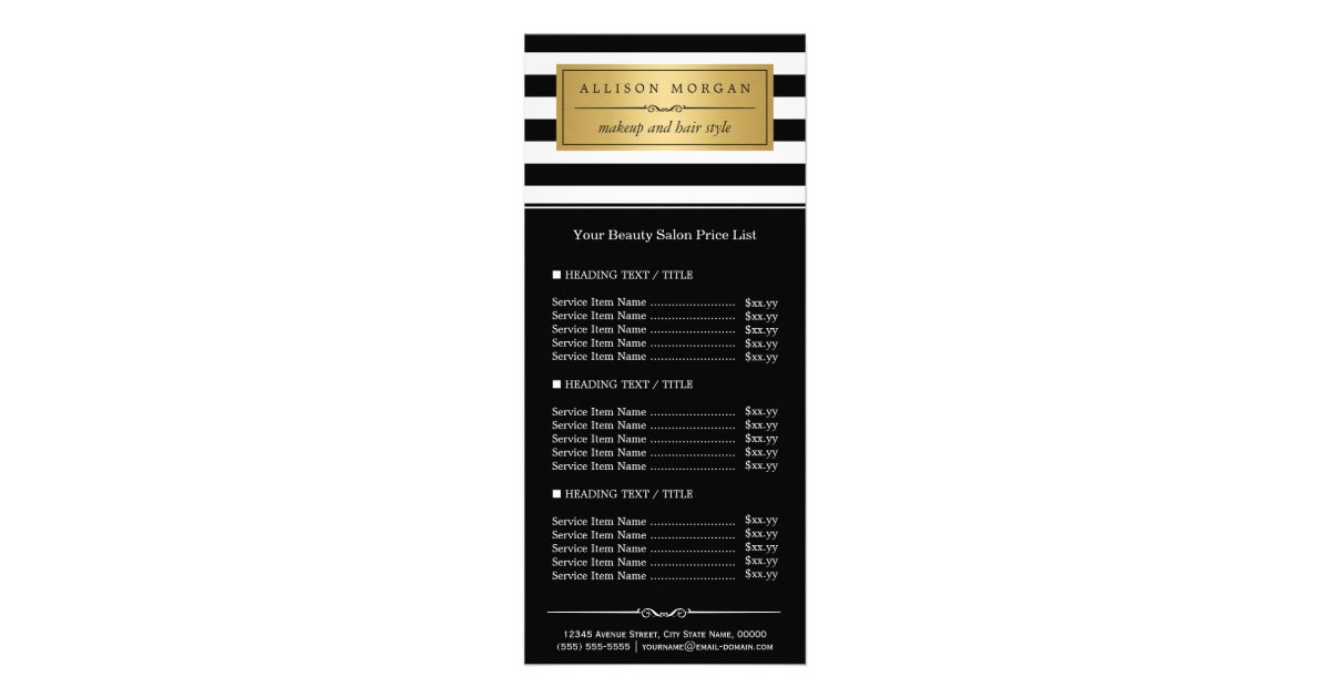 Classy Black White Stripes Golden Label Price List Rack Card | Zazzle
