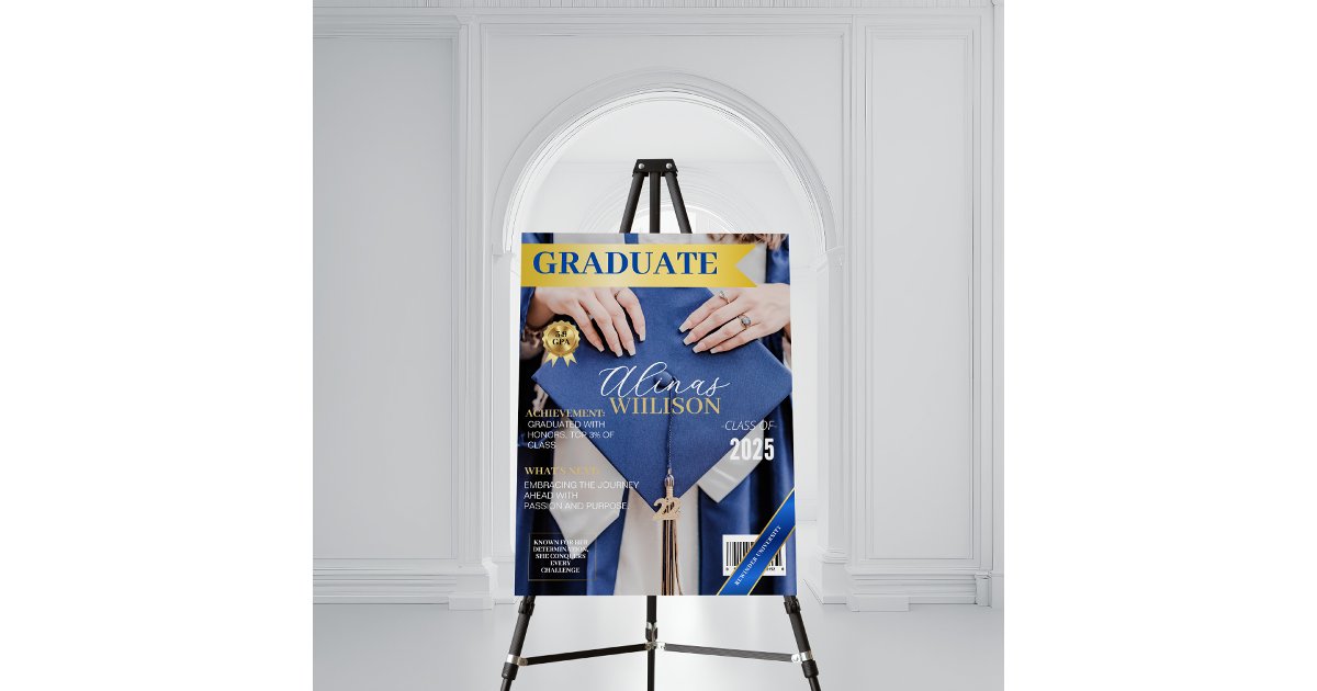 Classy blue and gold magazine graduation photo foam board | Zazzle