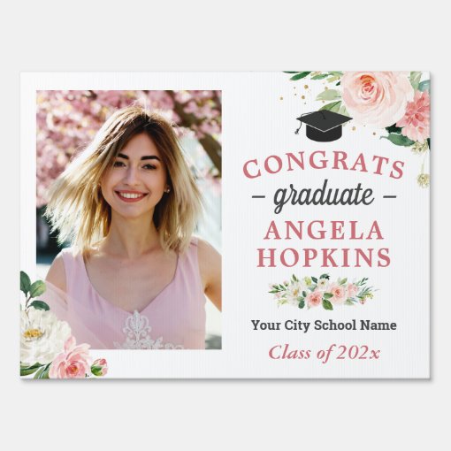 Classy Blush Pink Floral Graduate Graduation Photo Sign | Zazzle