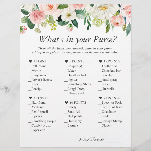 Classy Blush Pink Floral What's In Your Purse Game Flyer | Zazzle