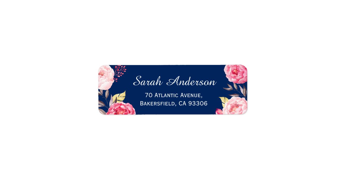 Classy Botanical Pink Flowers Navy Blue Label | Zazzle