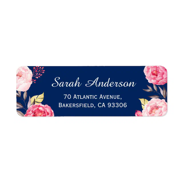 Classy Botanical Pink Flowers Navy Blue Label | Zazzle