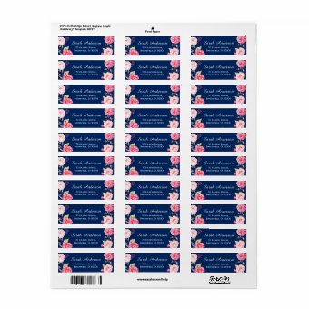Classy Botanical Pink Flowers Navy Blue Label | Zazzle