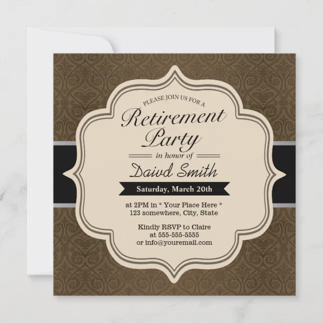 Classy Brown Damask Retirement Party Invitations | Zazzle