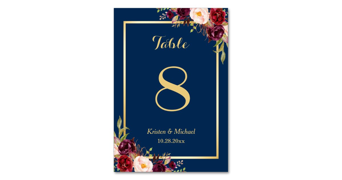 Classy Burgundy Floral Gold Navy Blue Table Number | Zazzle